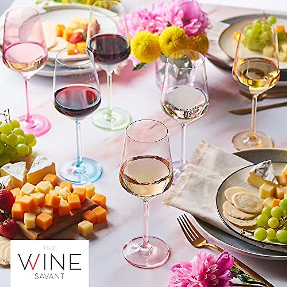 Colored Crystal Wine Glass Set of 6, Large 12 oz Glasses, Valentines Day Unique Italian Style Tall Stemmed Drinkware for Red & White Wine, Water Dinner Glasses, Color Beautiful Glassware - (Stemmed)