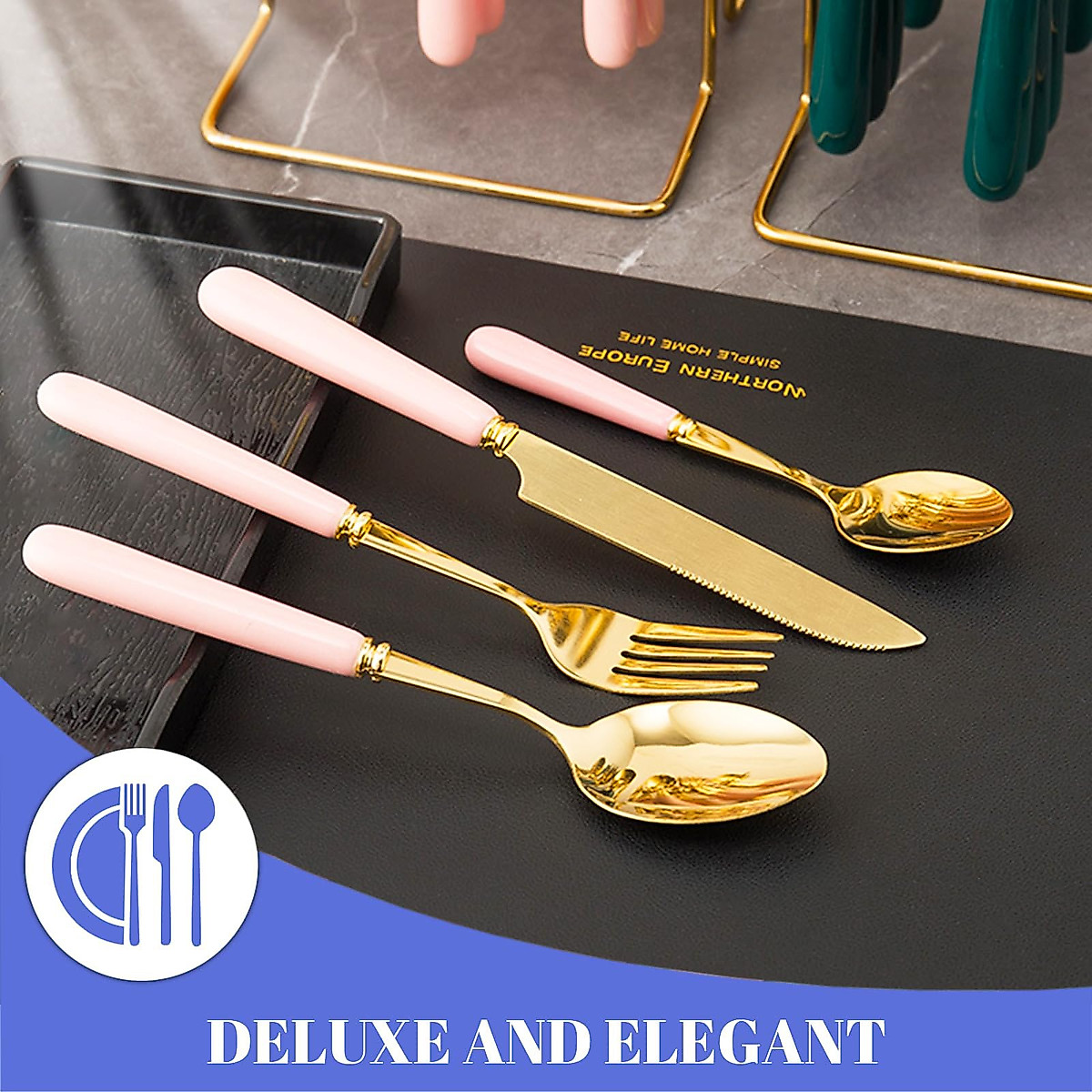 Gold Silverware Set, Caliamary 24 Pieces Flatware Set with Silverware Holder, Stainless Steel Knives and Forks and Spoons Cutlery Set Service for 6, Kitchen Utensil Tableware Set with Pink Handle