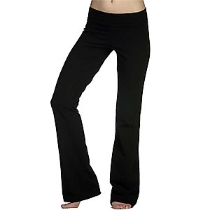 Khanomak Women's Hollywood Star Fashion Solid Foldover Solid Bootleg Flare Yoga Pants (Medium, Black)