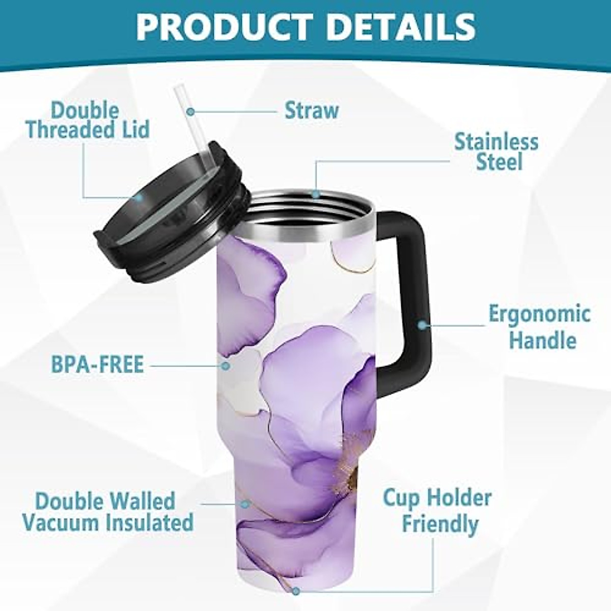 SEHANY Purple Marble 40 Oz Tumbler with Lid and Straw, Double Vacuum Stainless Steel Insulated Sports Water Bottle Cup Holder Friendly Leak-Proof Travel Coffee Cup for Iced Drink
