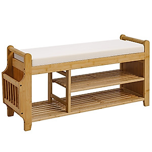 YESHOMY 2 Tier Shoe Rack Bench with Hidden Drawer and Side Holder, Bamboo Storage Organizer for Entryway Hallway Living Room, Nature