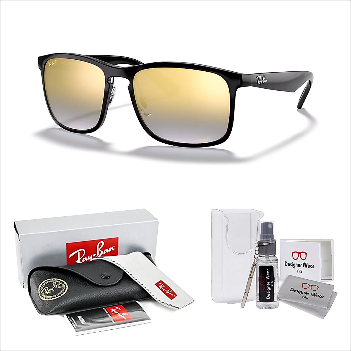 Ray-Ban RB4264 601/J0 58M Black/Blue Mirror Gold Gradient Polarized Rectangular Sunglasses For Men For Women + BUNDLE with Designer iWear Care Kit