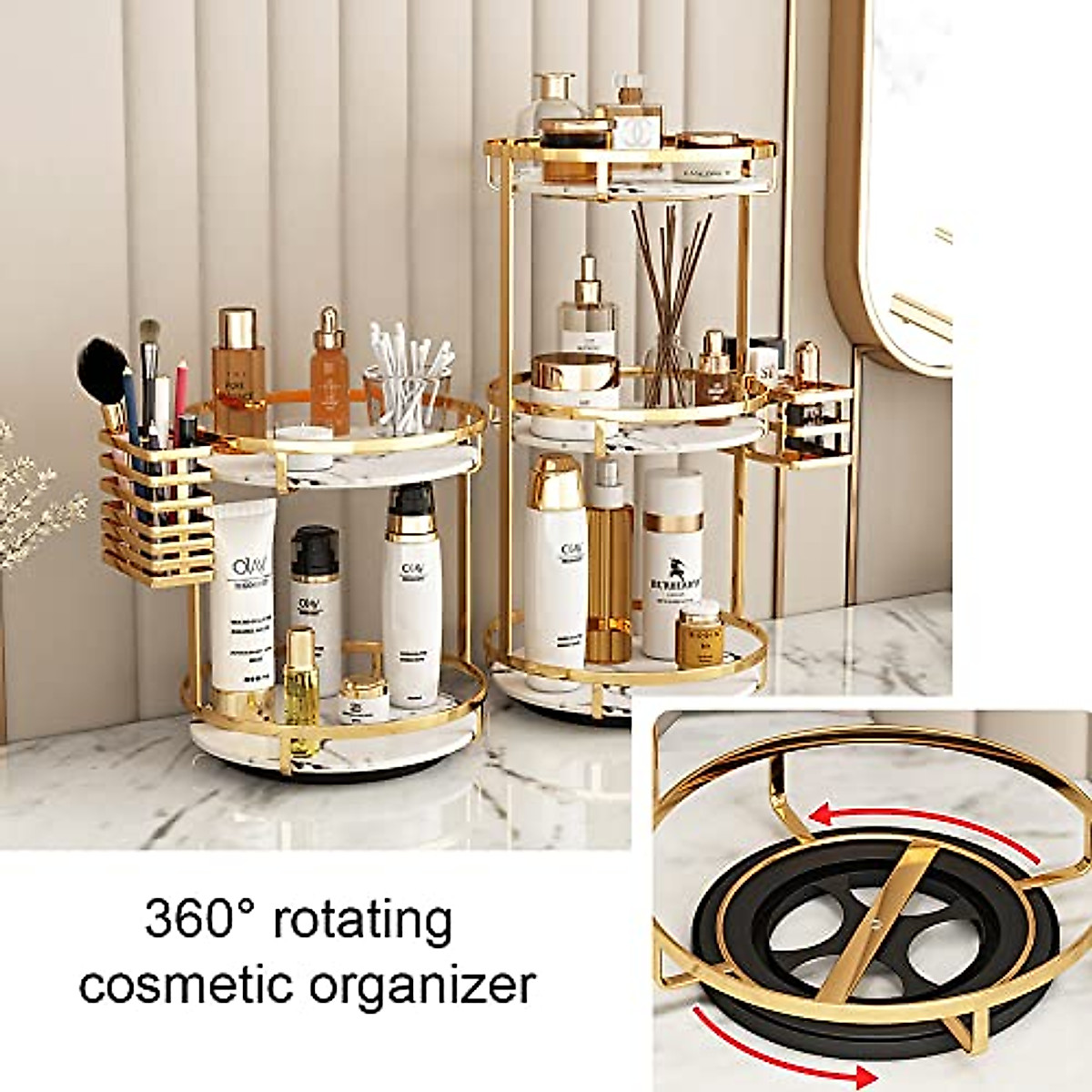 WINTENT Metal Rotating Makeup Organizer with makeup brush holder ,2 tier Lazy Susan Bathroom Organizer Countertop Gold (2 Tier)