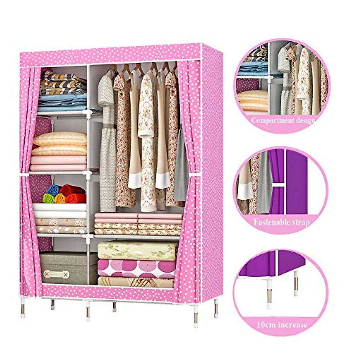 ZZBIQS Clothing Closet Wardrobe, Portable Non-Woven Fabric Garment Clothes Wardrobe Storage Organizer Shelf Rack, DIY Armoire Storage with Hanging Rod(Pink, Dots)