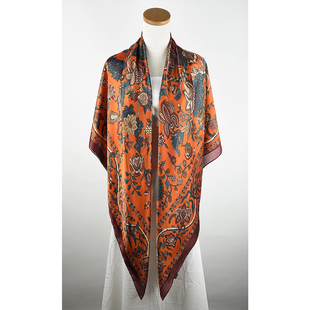 corciova Large Lightweight Women Square Designer Silk Scarf Shawl Pashmina Wrap 53 x 53 Safety Orange Burgundy Florals