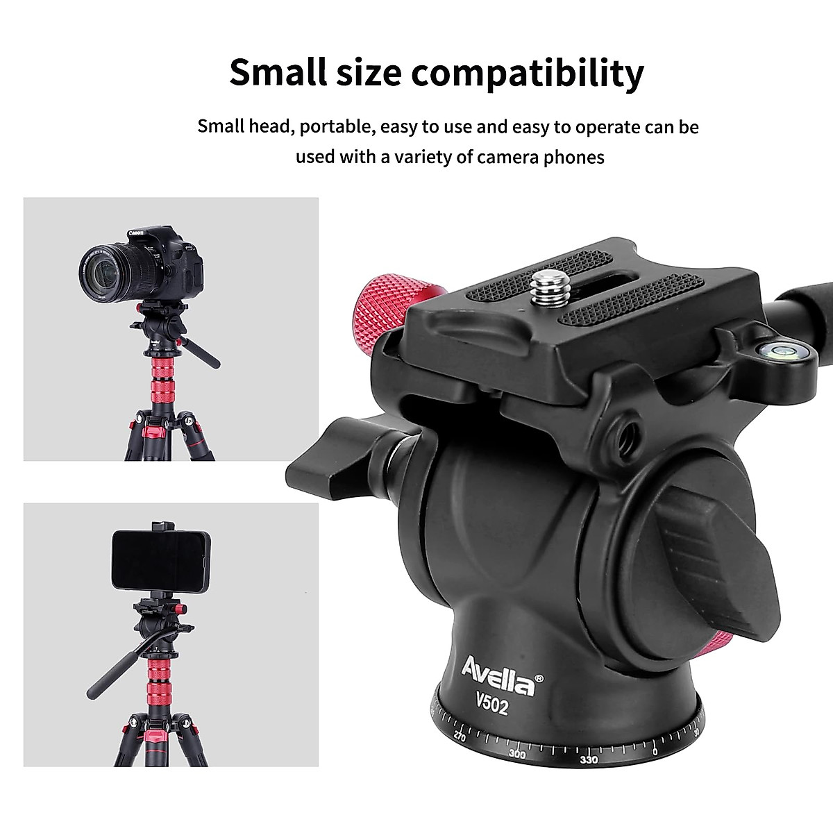 Avella Tripod Fluid Head Pan Tilt Head with Arca Type Quick Release Plate and Handle, Metal Panorama Head with Scaled Base for Compact Video Camera DSLR Camera, Load up to 6.6lb, V502