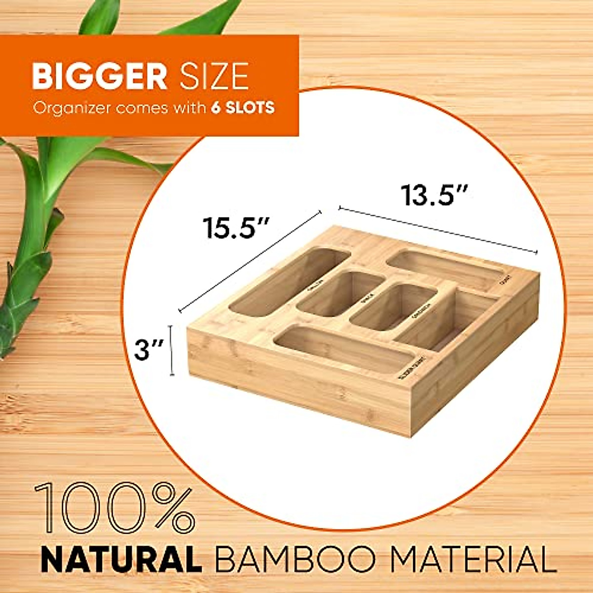 KITCHEND 6 in 1 Bamboo Ziplock Bag Organizer for Drawer - Durable & Strong Storage Bag Organizer - Zip Lock Bag Organizer with Screws & Anti-Skid Pads - Storage Organizer for Quart & Sandwich Bags
