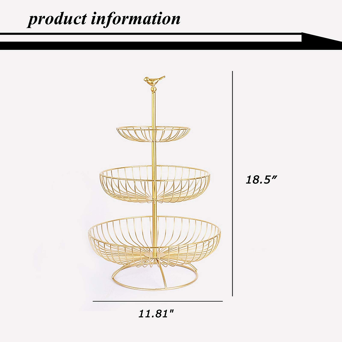 SuperDuo 3-Tier Fruit Basket Bowl Metal Wire Countertop Vegetable Stand Holder with Top Handle-Bird Shape for Kitchen Livingroom -Golden