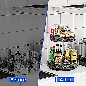 Lazy Susan Organizer 2 Tier - Turntable Spice Rack 12 inch Adjustable Metal Rotating Lazy Susan for Cabinet Pantry Kitchen Countertop Dining Table Cupboard Bathroom Vanity Storage Black
