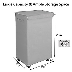 WOWLIVE 90L Large Laundry Hamper with Lid and Wheels Rolling Collapsible Laundry Basket Handle Foldable Tall Dirty Clothes Hamper Dorm Room Storage for Bedroom Bathroom, Grey