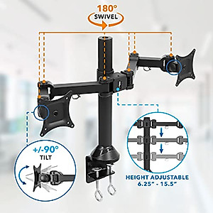 Mount-It! Dual Monitor Mount | Double Monitor Desk Stand | Fits 2 Computer Screens 19 20 21 22 23 24 27 Inches | C-Clamp and Grommet Base | Heavy Duty Full Motion Arms | VESA 75 100 Compatible