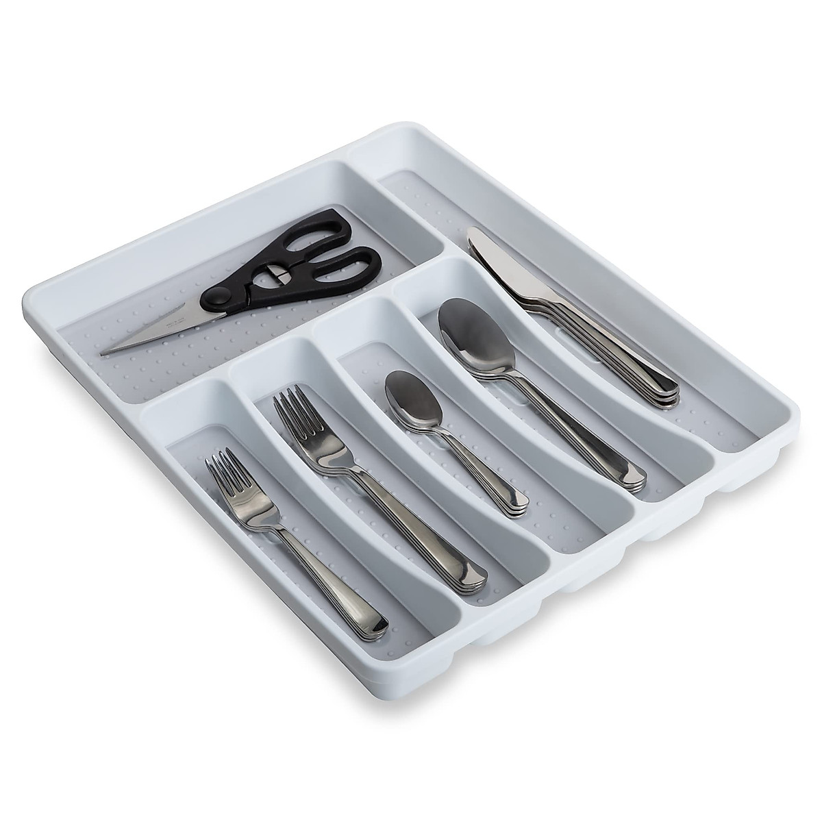 Smart Design 6 Compartment Plastic Drawer Organizer - Non-Slip Lining and Feet - BPA Free - Utensils, Flatware, Office, Personal Care, or Makeup Storage - Kitchen - White with Gray
