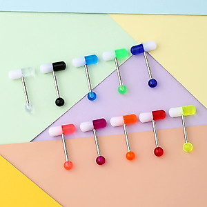Melighting 10Pcs Pill Tongue Ring Barbell 14G Surgical Steel Tongue Rings with Mix-Color Uv Shaped Tongue Piercings Tongue Ring with Ball Piercing Jewelry for Women Men Set 16mm