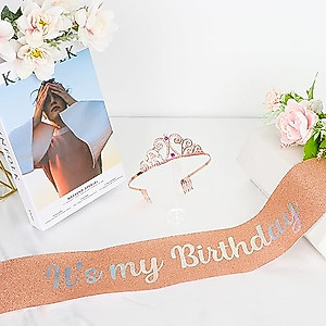 BAHABY Birthday Crown for Women It's My Birthday Sash & Rhinestone Tiara Set Birthday Sash and Tiara for Women Rhinestone Headband for Girl Glitter Crystal Hair Accessories for Party - Rose Gold