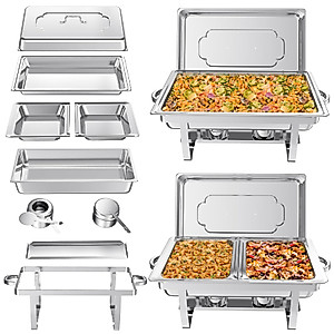 Lifezcime 2 Pack Chafing Dishes Buffet Set, 8QT Stainless Steel Chafers with Foldable Frame, Catering Food Warmers with Full Size & Half Size Pans for Weddings, Party, Banquet