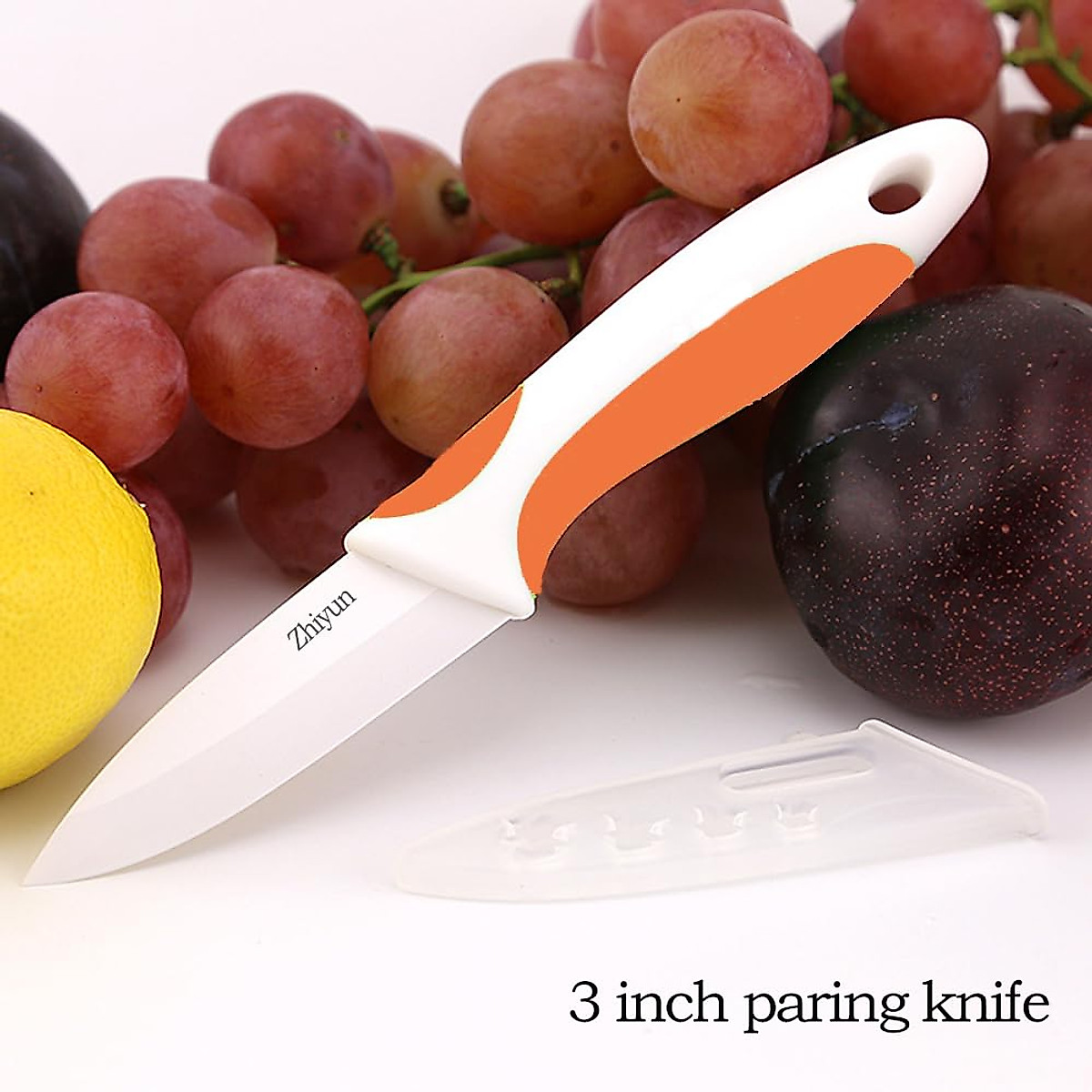 3 Pack Ceramic Knife set with Sheaths, 5-Inch Utility Knife, 4-Inch Fruit Knife, 3-Inch Peeling Knife, Zirconia Blade with Ergonomic Handle.Use for Meat Fruit Vegetable Bread and Butter.