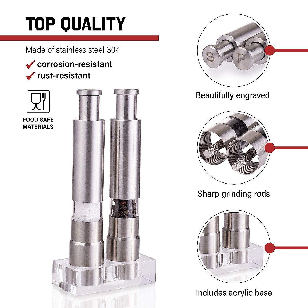 Click n’ Spice Salt and Pepper Grinder Set, Spice Grinders, Salt and Pepper Mill, Shaker, Thumb Press, Stainless Steel, 2 Pack