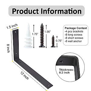 Shelf Brackets L Bracket 12 Inch 4PCS Heavy Duty Black Shelf Bracket Iron Metal Wall Bracket for DIY Open Shelving Rustic Bracket