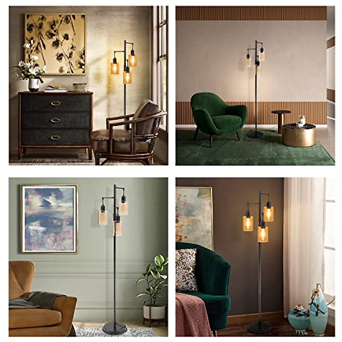 Liylan Farmhouse Floor Lamps Dimmable for Living Room, Oil Rubbed Bronze Tree Standing lamp , 3 Lights Tall Pole Lighting with Amber Glass Shade