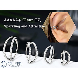 OUFER Nose Rings Hoops, 20G G23 Solid Titanium Nose Piercings, Double Row Diamonds Hoop Nose Ring, Double Nose Ring for Single Piercing, Conch Helix Daith Lip Piercing Jewelry-Silver 8MM