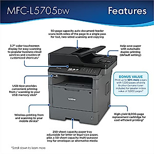 Brother MFC-L5705DW All-in-One Wireless Monochrome Laser Printer - Print Copy Scan Fax - 42 ppm, 1200x1200 dpi, 3.7" Touch LCD, 256MB Memory, Auto Duplex Printing, 50-Sheet ADF, BROAGE Printer_Cable