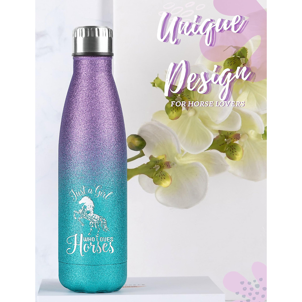 Onebttl Horse Gifts for Girls, Women, Insulated Stainless Steel Water Bottle, Horse Stuff for Equestrians, Cowgirls on Birthday, Christmas, Violet-Blue Glitter, Just a girl who loves horses