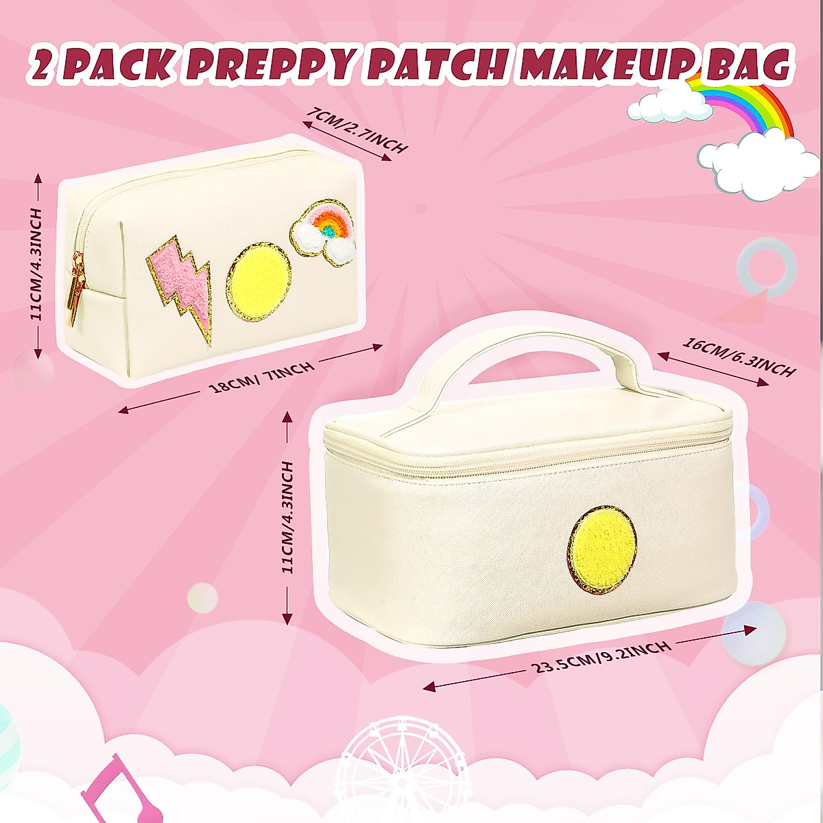 Yowivon 2 Pieces Makeup Bag Set Beige Cosmetic Bag Travel Toiletry Bag Preppy Skincare Bag Makeup Organizer, Gifts for Women Mom Bride Bridesmaids