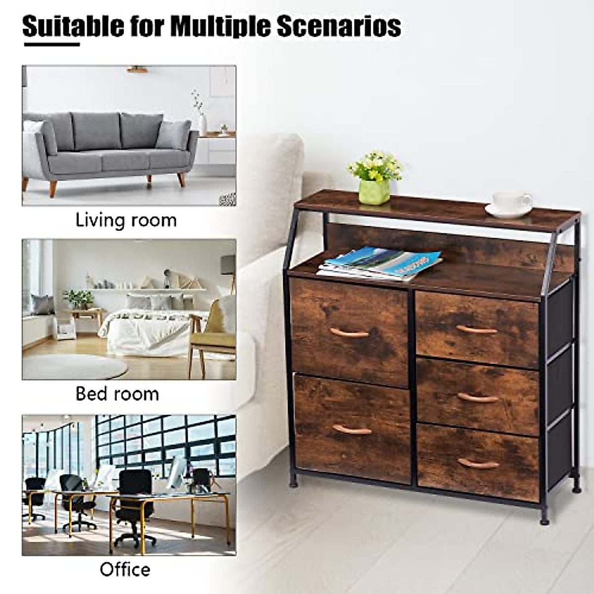 AIIT Kinlife Drawer Dresser Storage Tower, 5-Drawer Organizer Unit with MDF Board Tabletop, Organizer Tall Fabric Storage Tower for Bedroom Kitchen Living Room Study Entryway