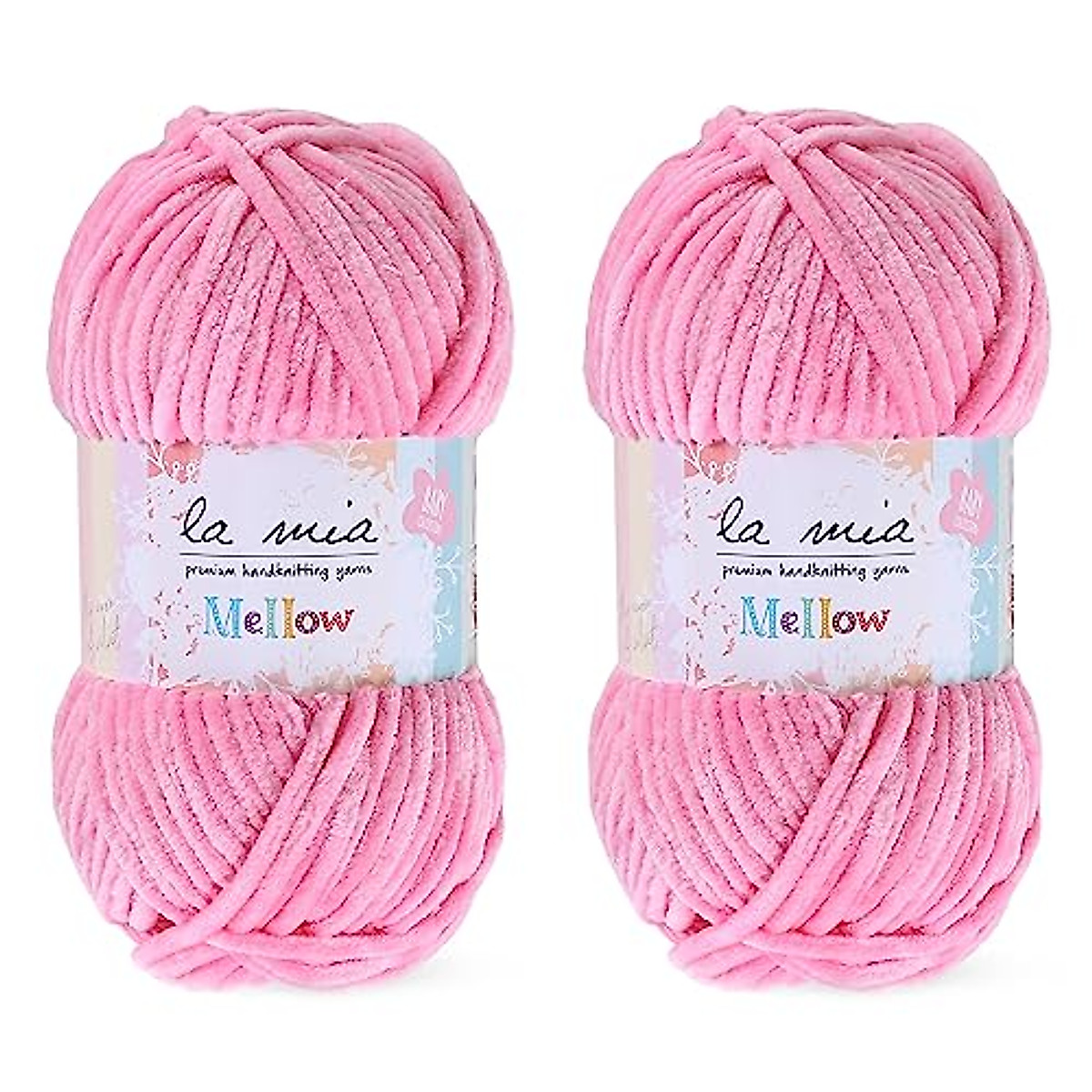 2 Skein La Mia Mellow Velvet Chenille Yarn for Knitting and Crocheting Baby Clothes, Blankets and Accessories, 100% Polyester, 100 gr (3.5 oz) / 115 m (125 Yards), Super Bulky, Pink - 914