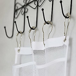 Mesh Shower Curtain Organizer Bag，6 Pockets Hanging Caddies Quick Dry Bathroom Shower Curtain Rod/Liner Toy Shampoo-Soap-Razor Holder Hanger Storage Pocket with 4 Hanging Ring 2 Suction Cup Hooks