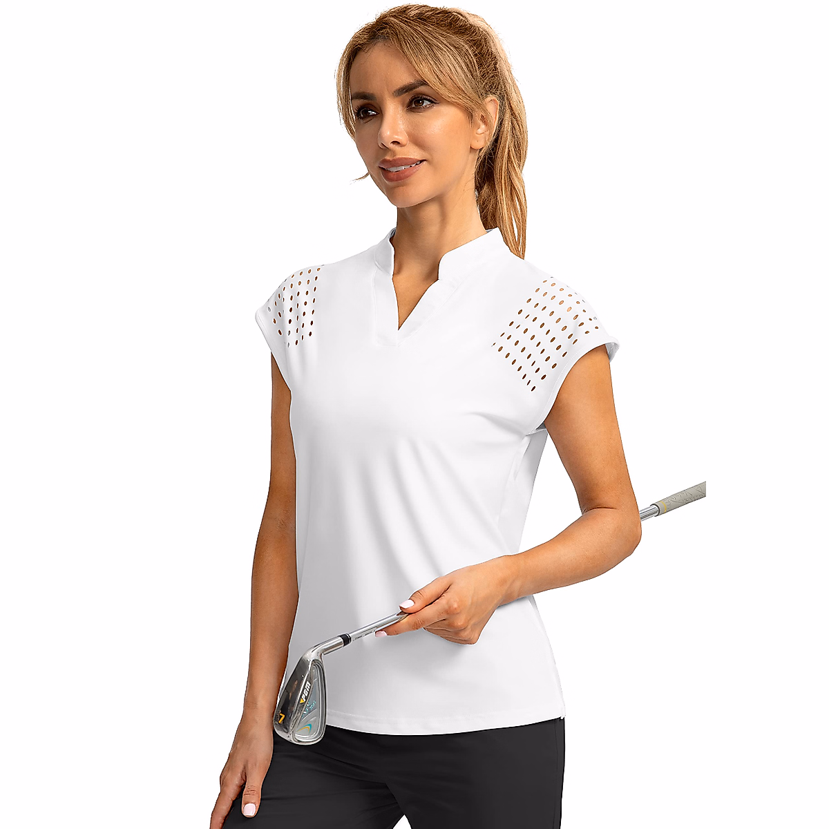 Soothfeel Women's Golf Shirt Cap Sleeve V Neck Polo Shirts Lightweight Quick Dry Workout Tennis Shirts Tops for Women(White, L)