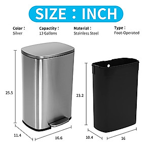 BLKMTY Trash Can 13 Gallon Trash Can Kitchen Trash Cans with Lid Stainless Steel Trash Bin Step Garbage Bin with Inner Bucket Pedal Rubbish Bin for Office Step-Open Steel Garbage Can, Silver