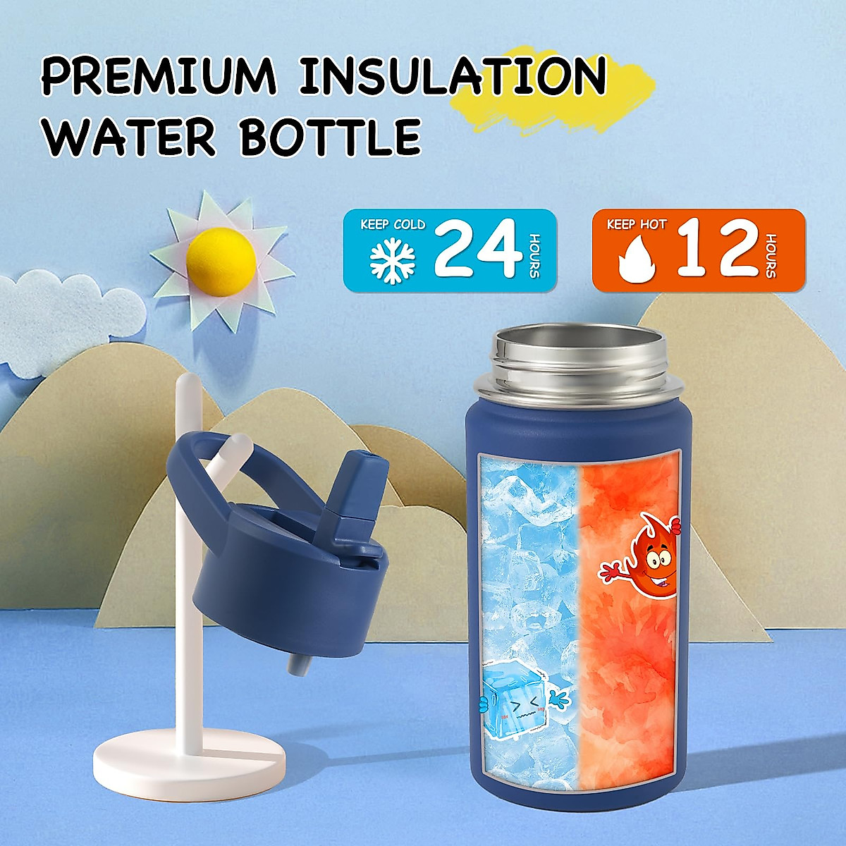 Fijinhom 12oz Kids Water Bottle for School Boys&Girls, Leak-Proof Toddler Water Bottle, Stainless Steel Vacuum Insulated Bottle with Straws Lids, Navy blue