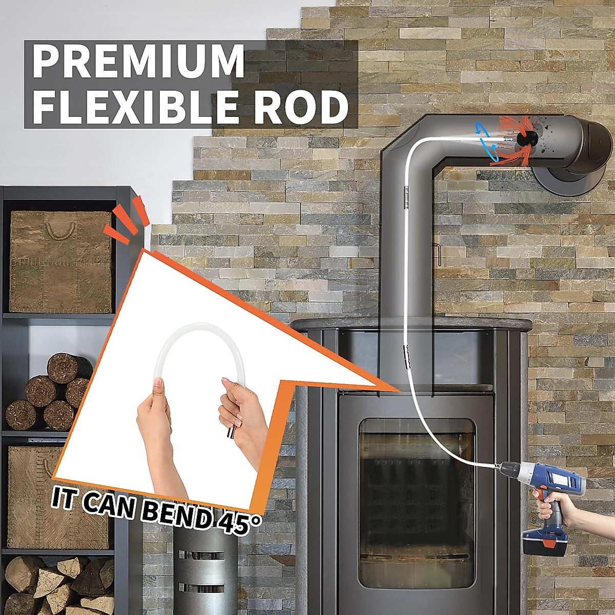 Sealegend 23FT Chimney Sweep Kit, Rotary Cleaning System and Chimney Brush with 15 Nylon Flexible Rods, Chimney Cleaning Kit Fireplace Brush Tool