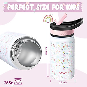 AEXPF Insulated Kids Water Bottle with Sleeve, 14 oz Double Wall Vacuum Stainless Steel Leakproof Thermos Water Bottle, Unicorn Pattern and Rainbow Pattern