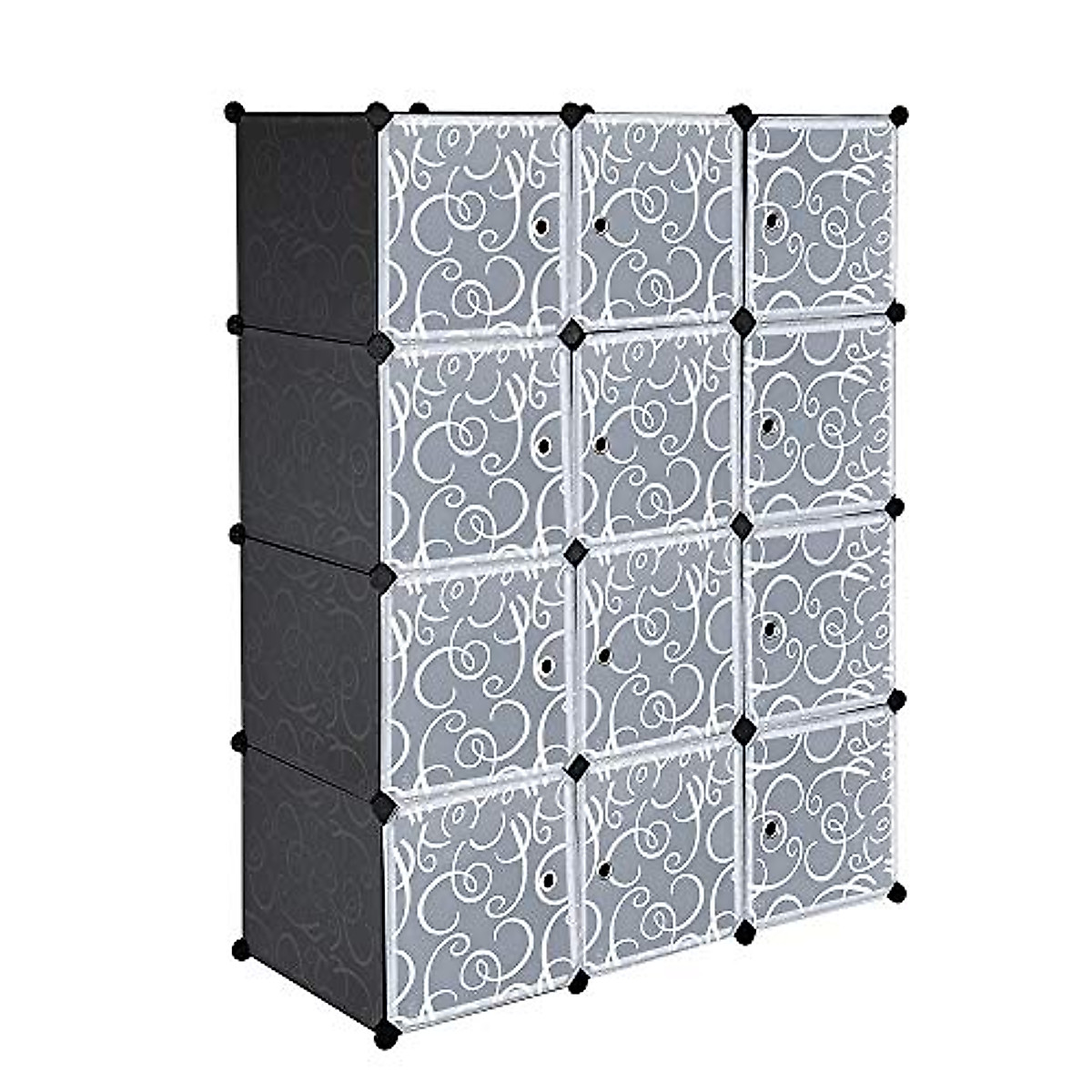 VINGLI Cube Storage, 12 Cubes Shelves Units, Closet Cabinet Bookshelf, DIY Plastic Modular Storage Cube Organizer w/Pattern White Doors and Hammer - Black