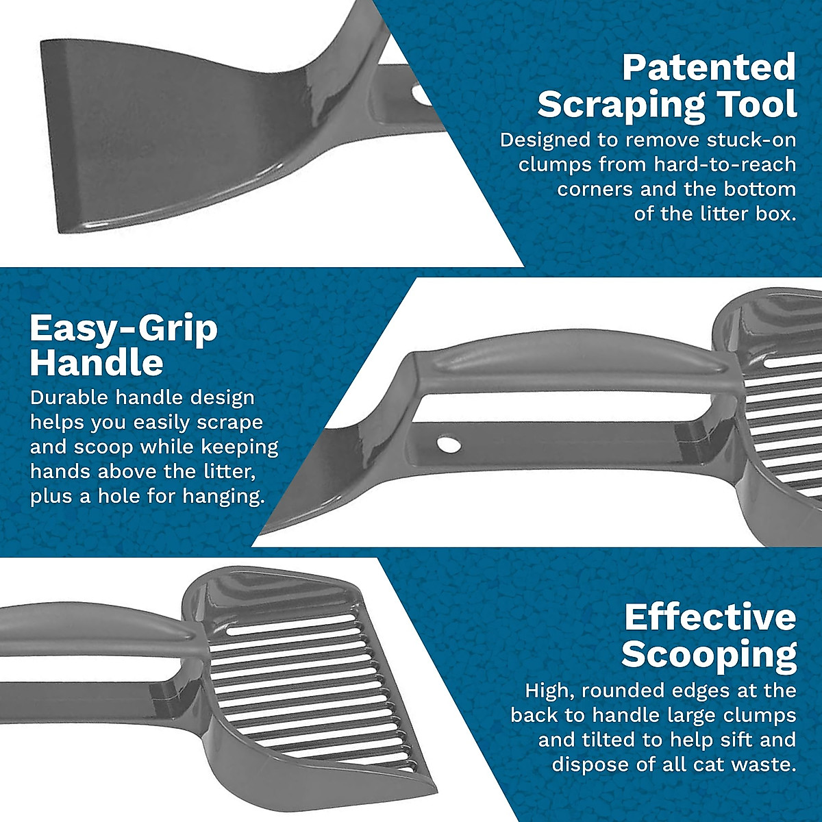 SCRAPE 'N' SCOOP Cat Litter Clump Remover with Sifter – Litter Box Scooper & Scraper 2 in 1 for Litter Tray, Potty, & Litter Pan - Animal Waste Cleaner Tool - Pet Accessories & Supplies - Grey