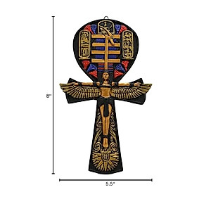 Ebros Crux Ansata Egyptian Ankh Of Isis With Open Wings And Cartouche Hieroglyphs Wall Decor Accent 3D Plaque Figurine 7.5" High Symbol of Life And Balance Gods Of Egypt (Colorful Black And Gold)