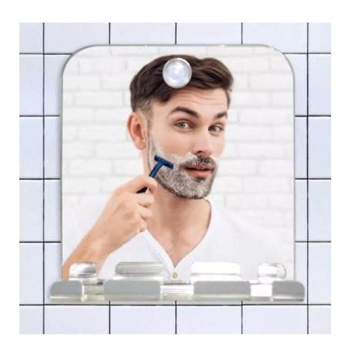 Funerom 5.4x5.1 inch Fogless Bathroom Shaving Mirror with Built-in Razor Holder Includes 4 Adhesive Hooks 2 Anti-Fog Film Anit-Fog Shower Mirror Frameless Portable Square