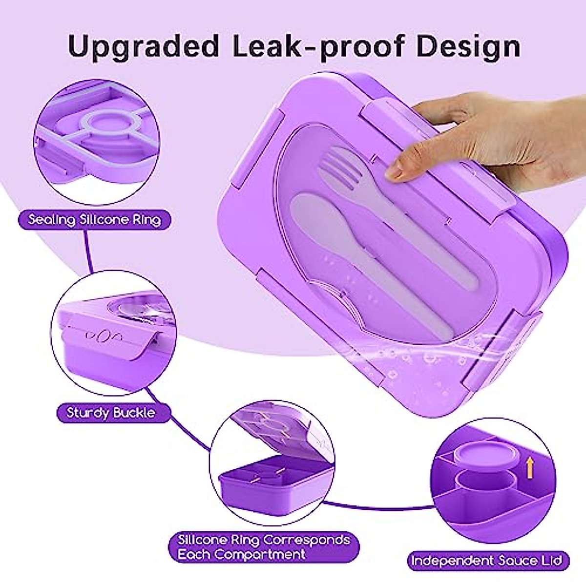 Lunch Box Kids, Bento Box, 1350ML Bento Lunch Box for Kids, Lunch Containers with 5 Compartments Utensils Food Picks Cake Cups, Leak-proof Bento Box Adult Lunch Box for Boys Girls Toddler, Purple