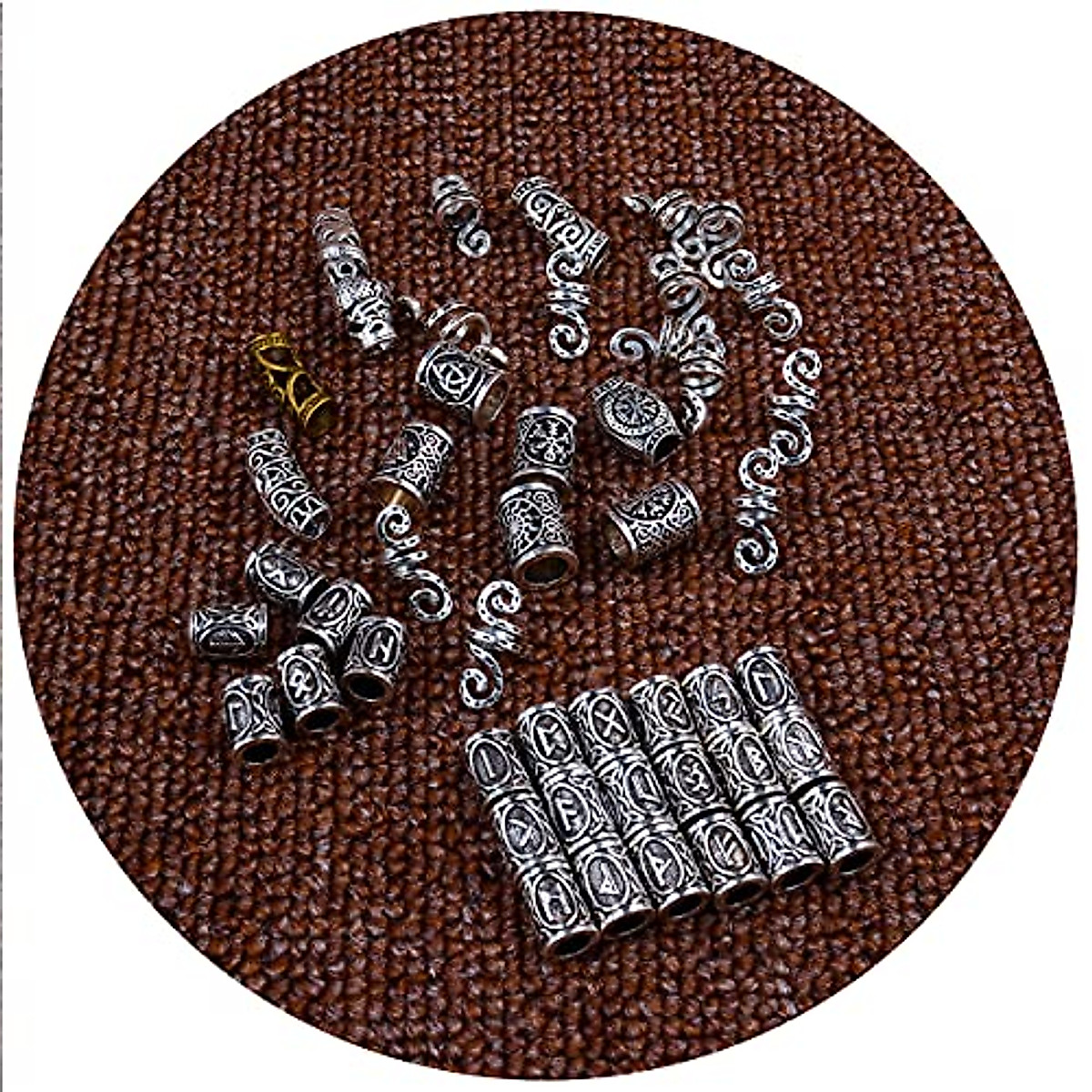 81Pcs Hair Tube Beads Norse Vikings Runes Hair Beard Beads for Bracelets Pendant Necklace DIY,Braiding Beads for Hair Braids Viking Beads Kits(Include 2Pcs Pull Hair Pin & Viking Suede Bag)