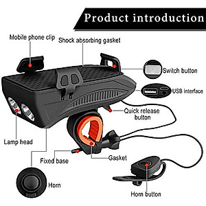 4-In-1 Bike Headlight, BessieSparks - Bicycle Horn, Phone Holder, USB Rechargeable Power Bank, Waterproof Adjustable Shock-Absorbing with LED Light & Horn, for 4 to 6.6 inches Phone