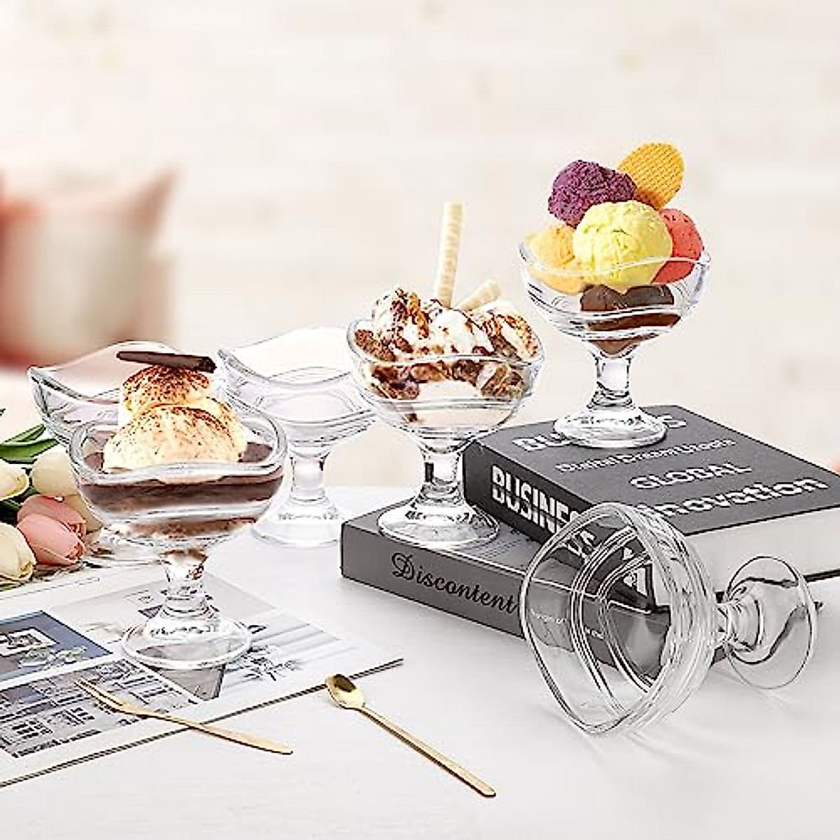 BSTKEY 6PCS Set 8.5 oz Glass Dessert Bowls/Cups, Cute Footed Dessert Bowls for Ice Cream Trifle Fruit Pudding Snack Salad Milkshakes Sundae Cocktail Drinks Party