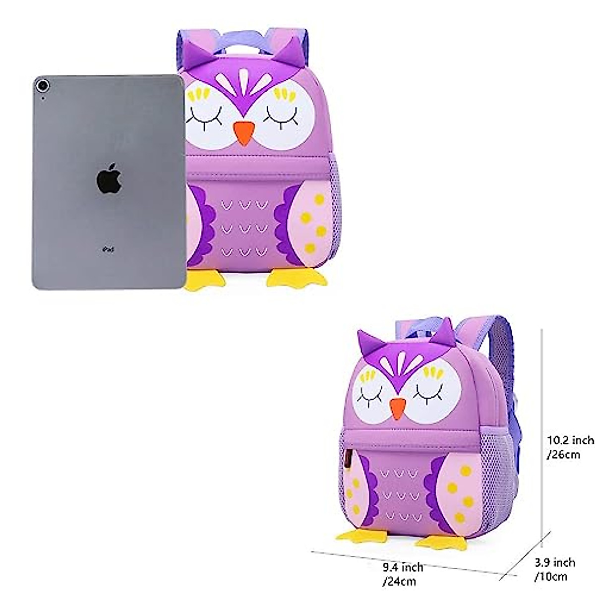 KK CRAFTS Preschool Toddler Backpack with Leash, 3D Cute Cartoon Neoprene Animal Schoolbag for Kids Boys Girls（Purple Owl）
