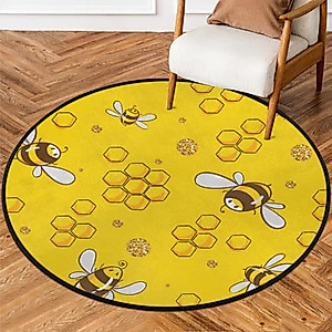 30X30 Inch Round Area Rug Cute Yellow Bee Large Circle Rugs Non-Slip Soft Indoor Throw Rugs Washable Floor Mat Carpet for Bedroom Living Room Sofa Nursery Kids Playroom Decor