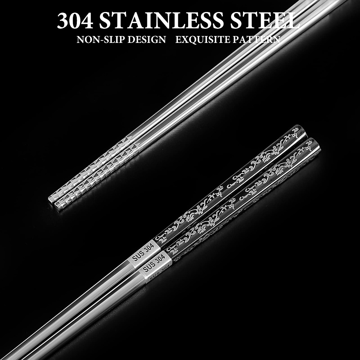Metal Chopsticks Reusable Chop Sticks 2 Pairs with Holder Non-slip Titanium Plated Stainless Steel Chopsticks Japanese Korean Chopstick Dishwasher Safe Exquisite Pattern MOUGUTOU Gift Set (Black)