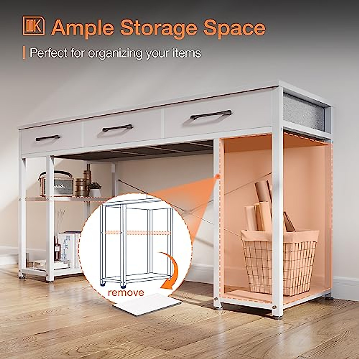 ODK Office Small Computer Desk: Home Table with Fabric Drawers & Storage Shelves, Modern Writing Desk, White, 48"x16"