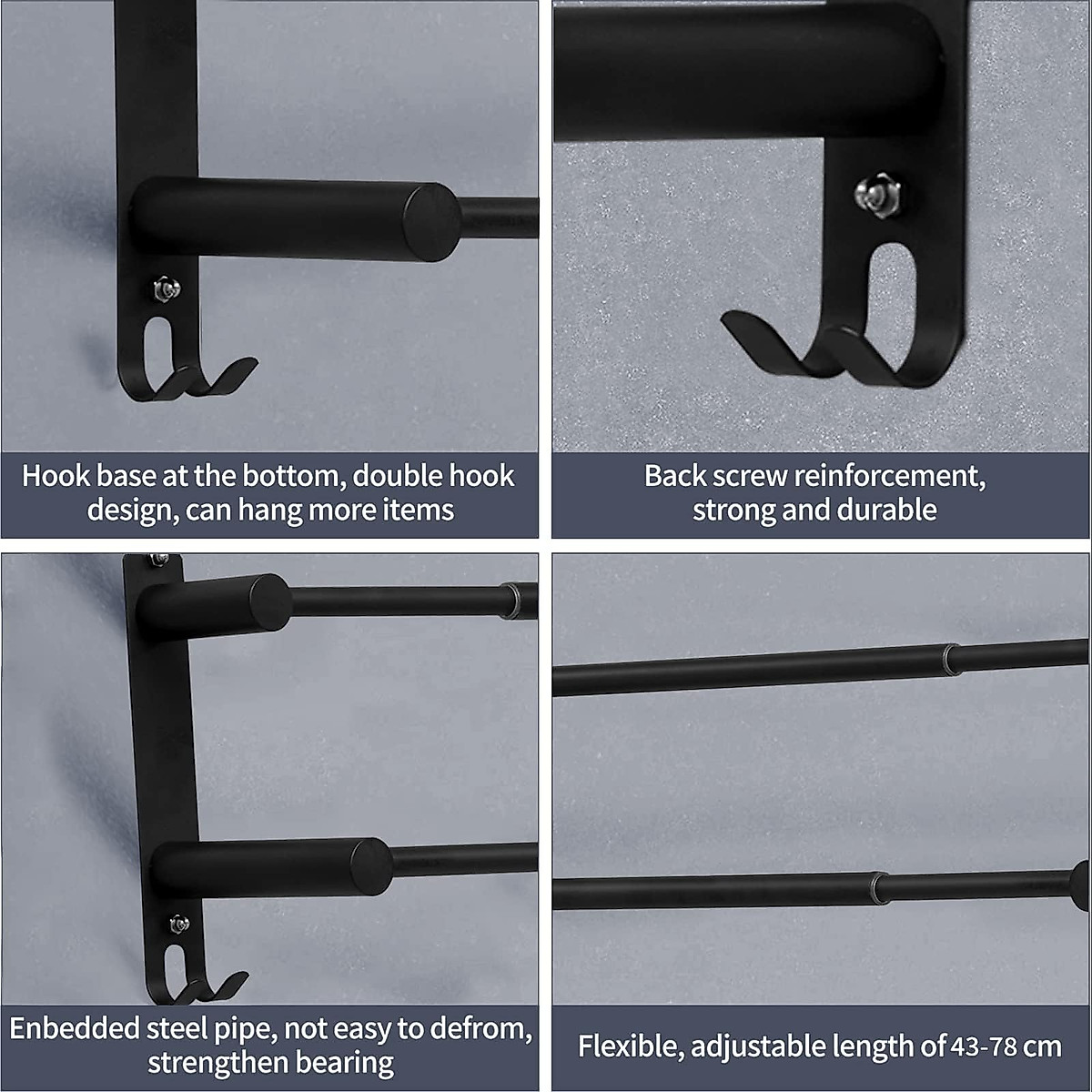 Stretchable 17-31 Inches 3-Tier Bath Towel Bar Bathroom Towel Rack Hooks Kitchen Hand Towel Holder Dish Cloths Hanger SUS304 Stainless Steel Wall Mounted No Drill Space Saving 3-Bar Matte Black