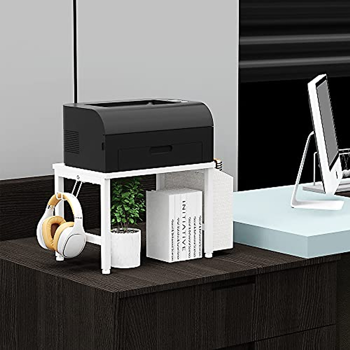 VEDECASA White Wooden Under Desk Printer Stand Holder with Storage Bin Headphone Hook for Home Office, Multi Purpose Organizer Modern Desktop Printer Shelf with Adjustable Anti-Skid Pads (White)