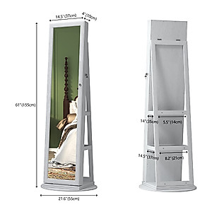 LVSOMT LED Mirror Jewelry Cabinet Standing, 360° Swivel Jewelry Organizers and Storage, Farmhouse Mirror with Jewelry Storage, Lighted Jewelry Armoire with Full Length Mirror (Pure White)